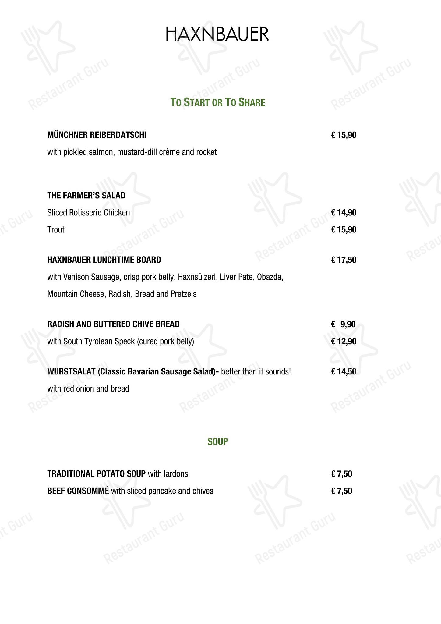 Menu at Haxnbauer restaurant, Munich