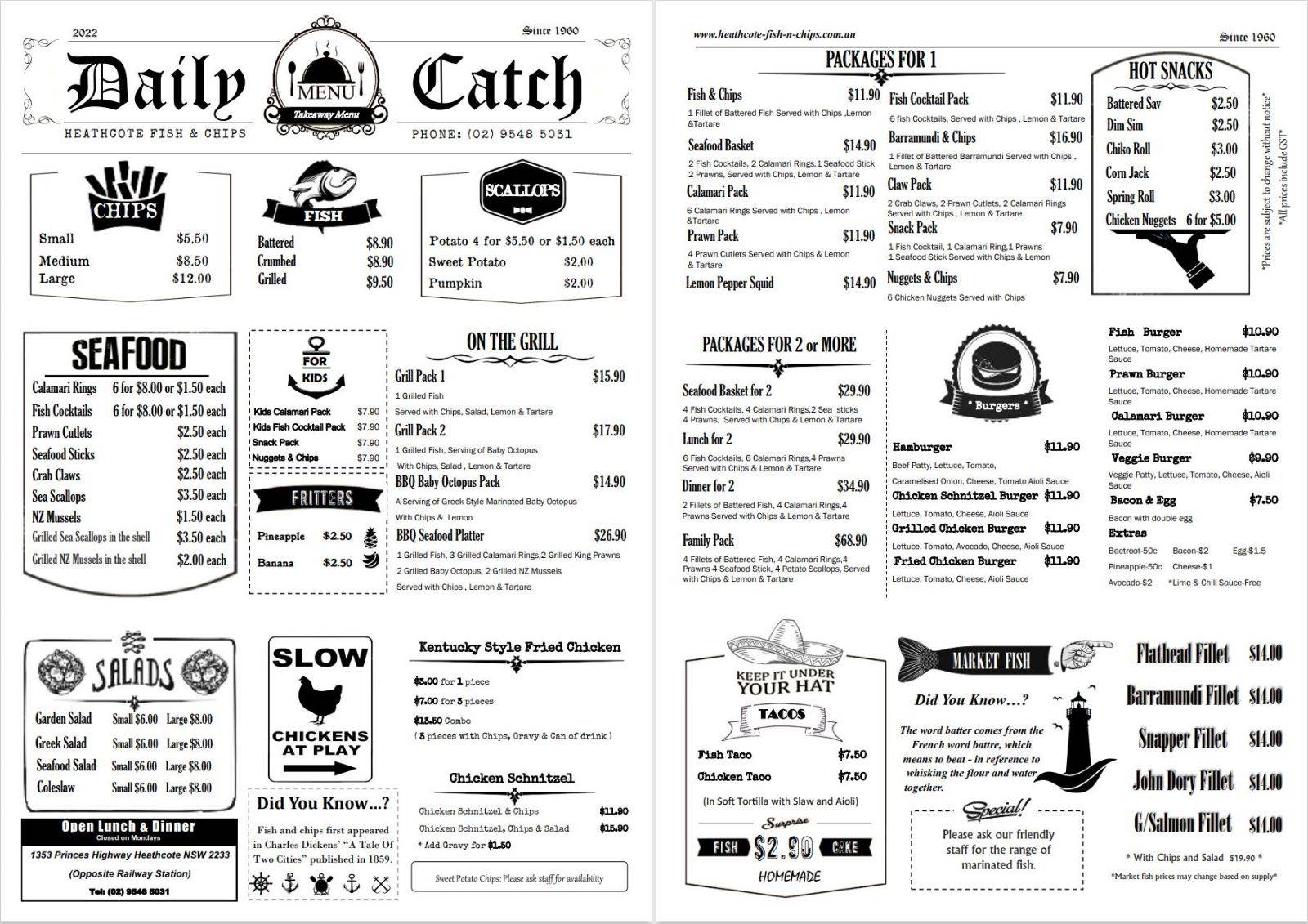 Menu at Heathcote Fish & Chips (NSW) restaurant, Heathcote