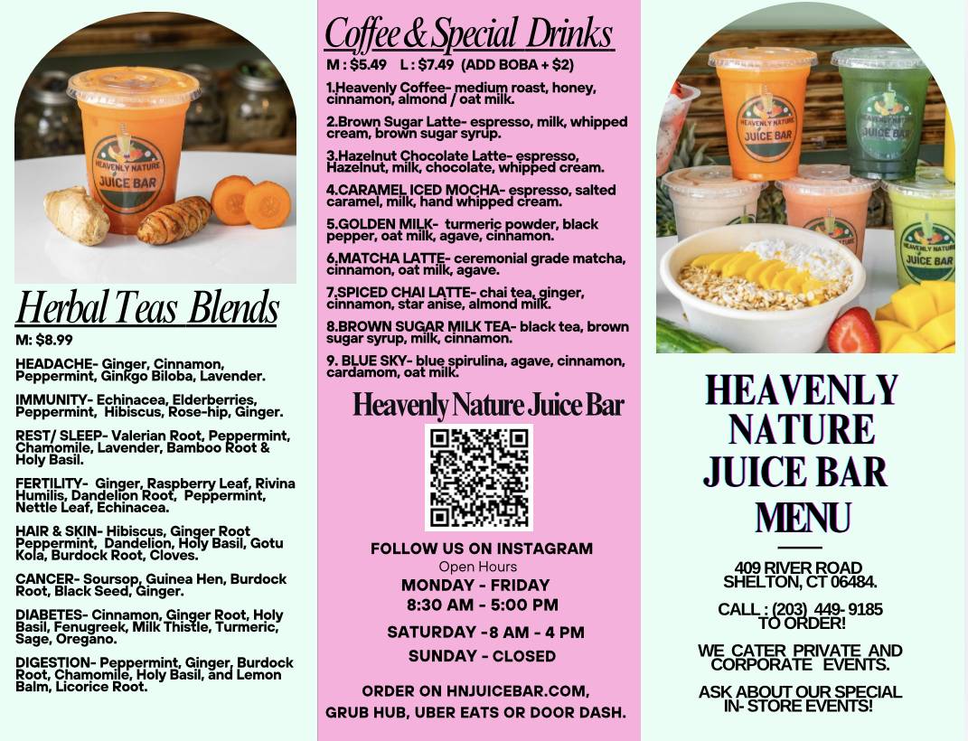 Menu at Heavenly Nature Juice Bar, Shelton
