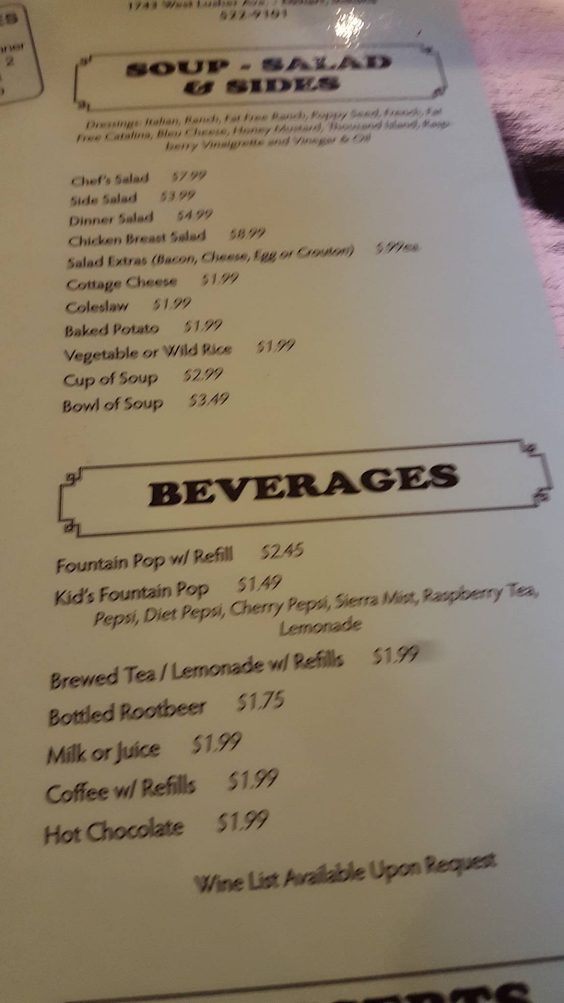 Menu at Heinnies steakhouse, Elkhart
