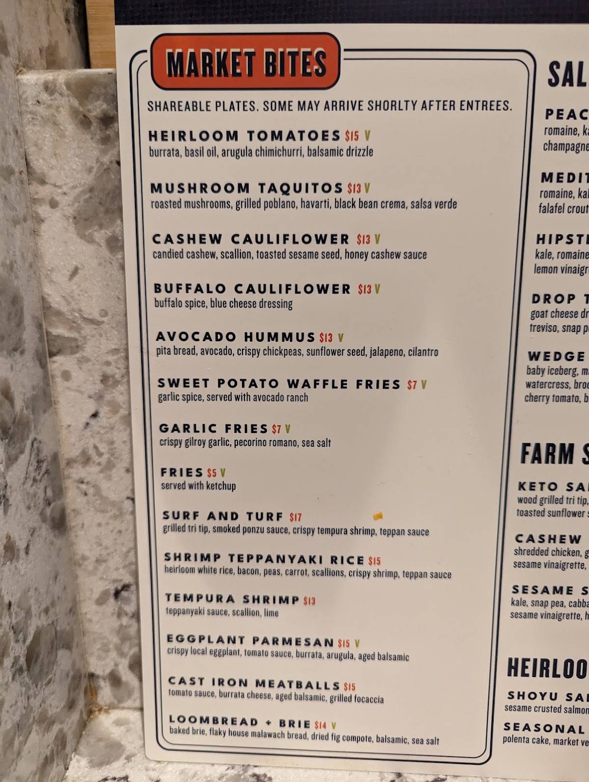 Menu at Heirloom restaurant, Fresno
