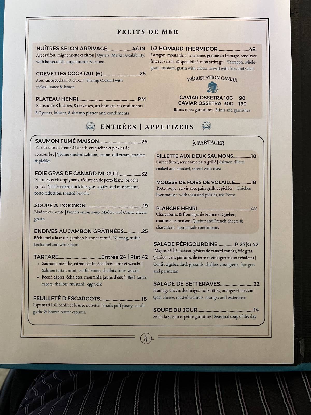 Menu at Henri Brasserie Française + Lounge restaurant, Montréal