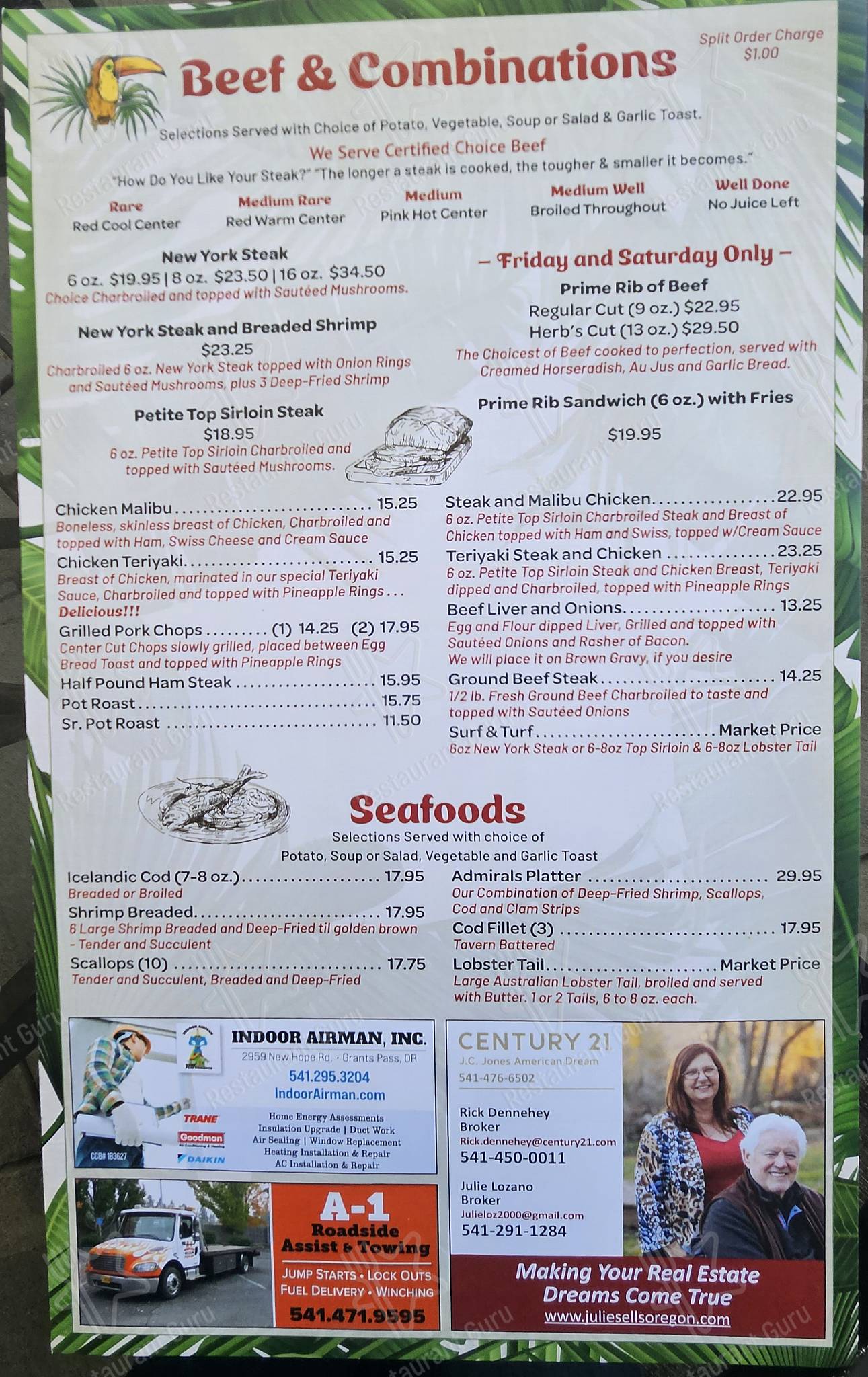 Menu at Herb's Restaurant and Shenanigans Lounge, Grants Pass