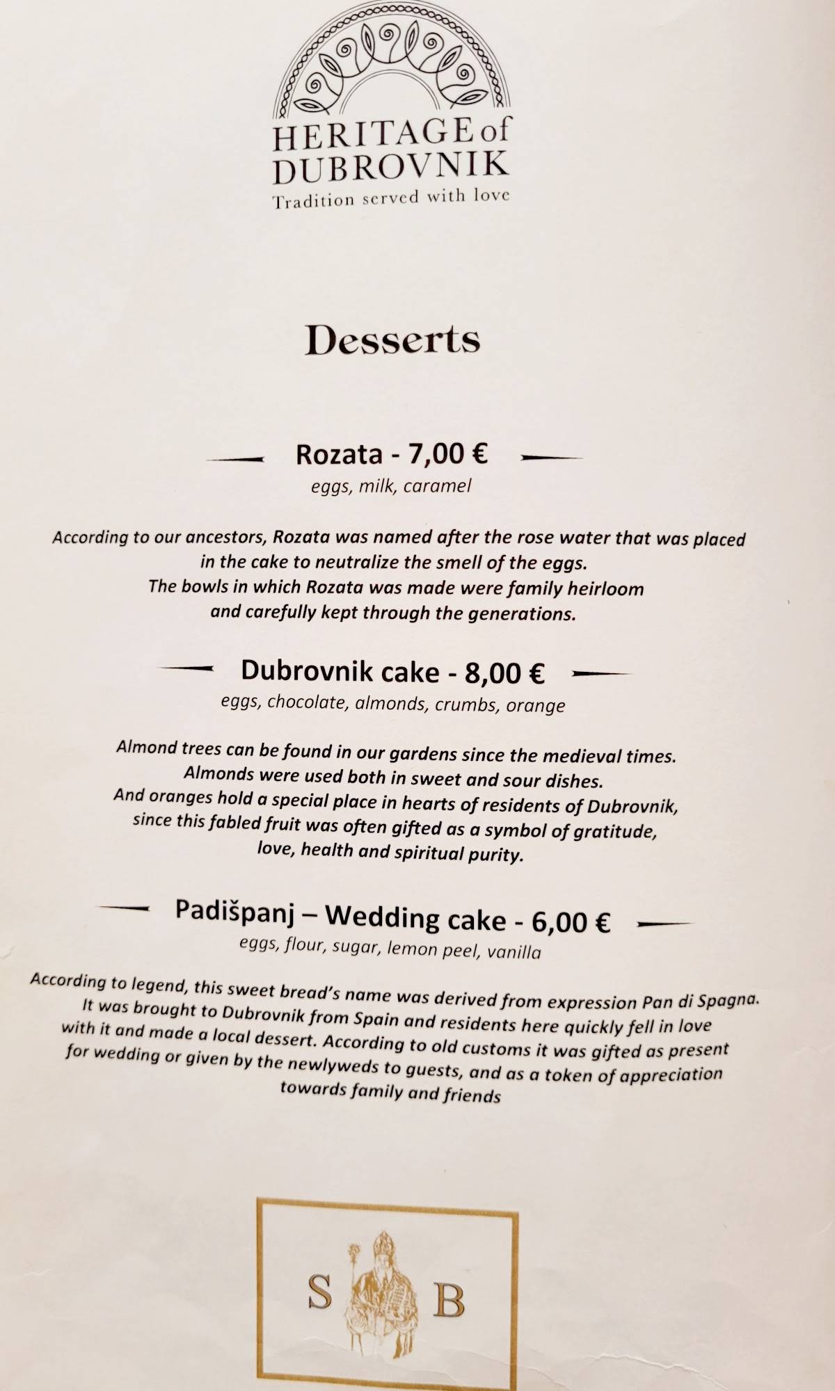 Menu at Heritage of Dubrovnik restaurant, Dubrovnik