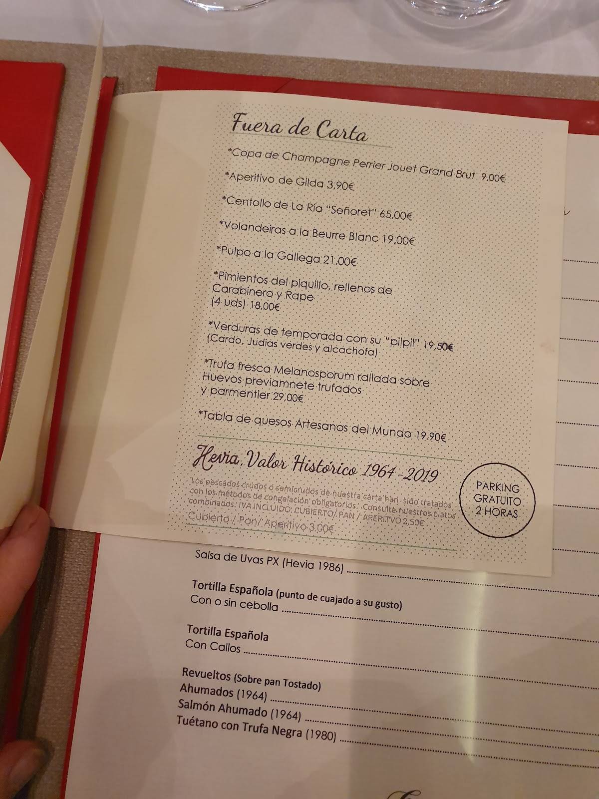 Carta del restaurante Hevia, Madrid, C. del Serrano