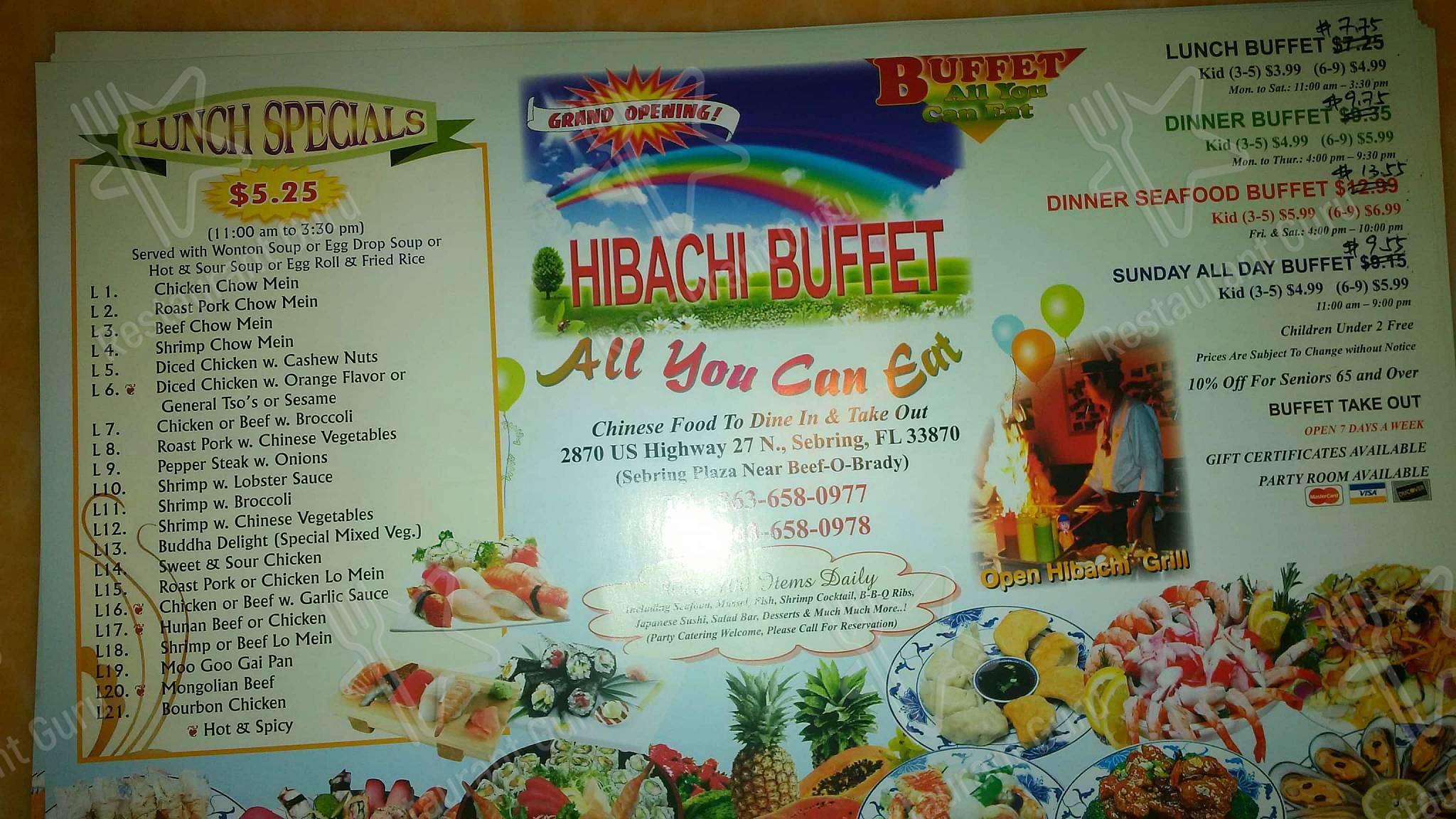 Menu at Hibachi Buffet restaurant, Sebring, US Hwy 27 N