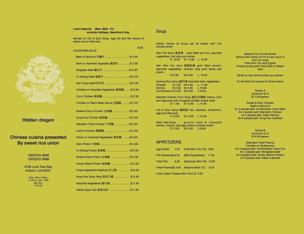 Menu at Hidden Dragon restaurant, Antioch