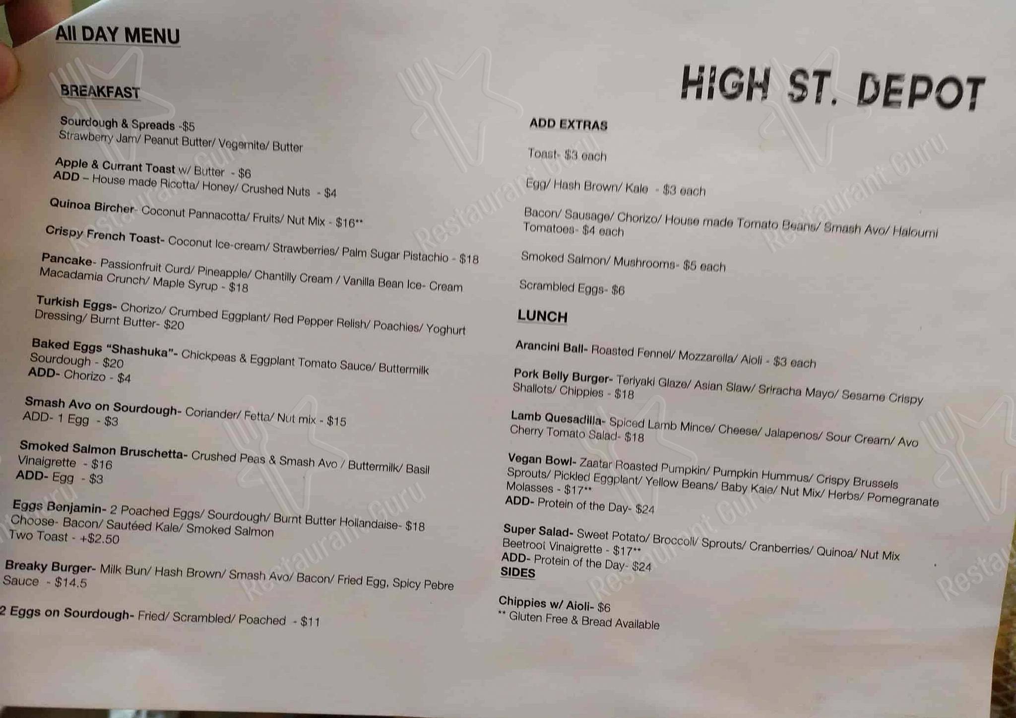 Menu at High St Depot cafe, Penrith