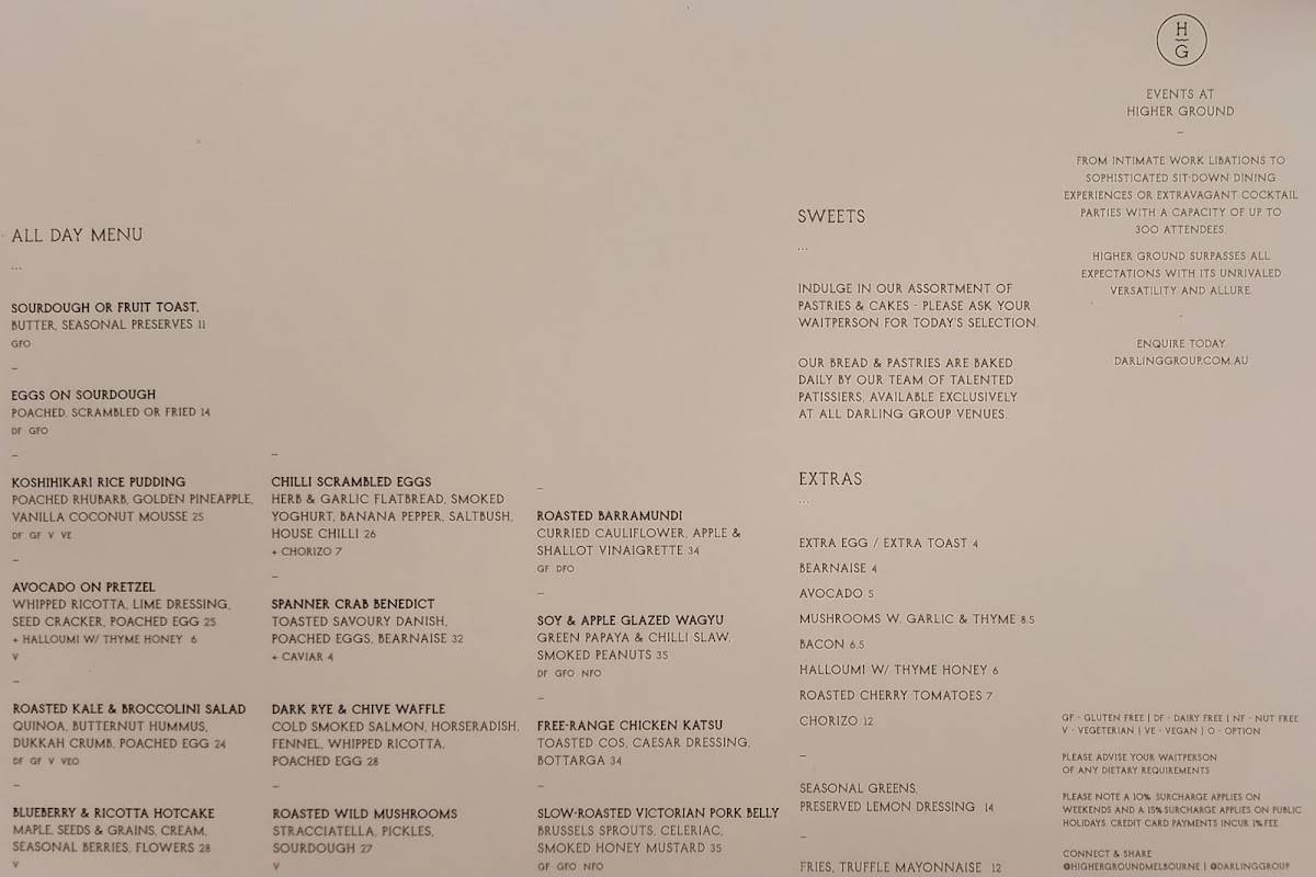 Menu at Higher Ground cafe, Melbourne