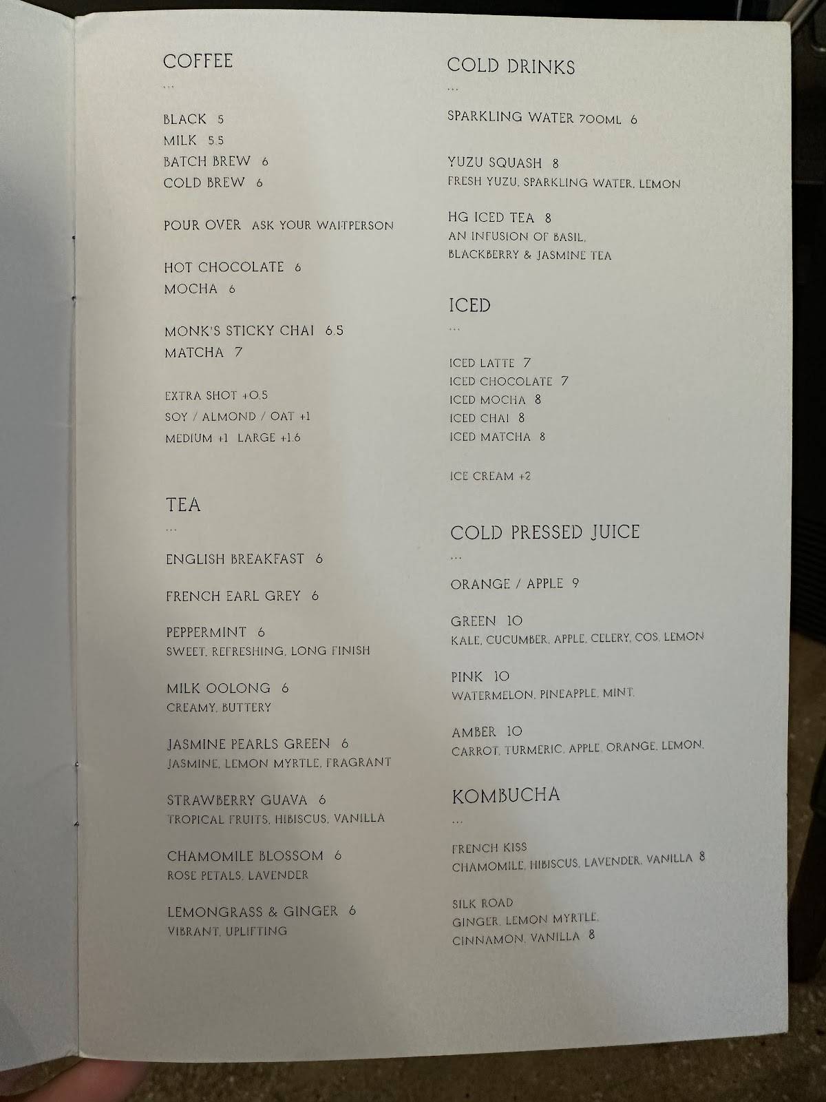 Menu at Higher Ground cafe, Melbourne