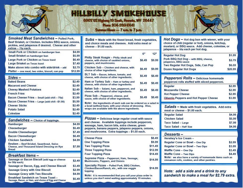 Menu at Hillbilly Smokehouse restaurant, USA, US Hwy 19 S