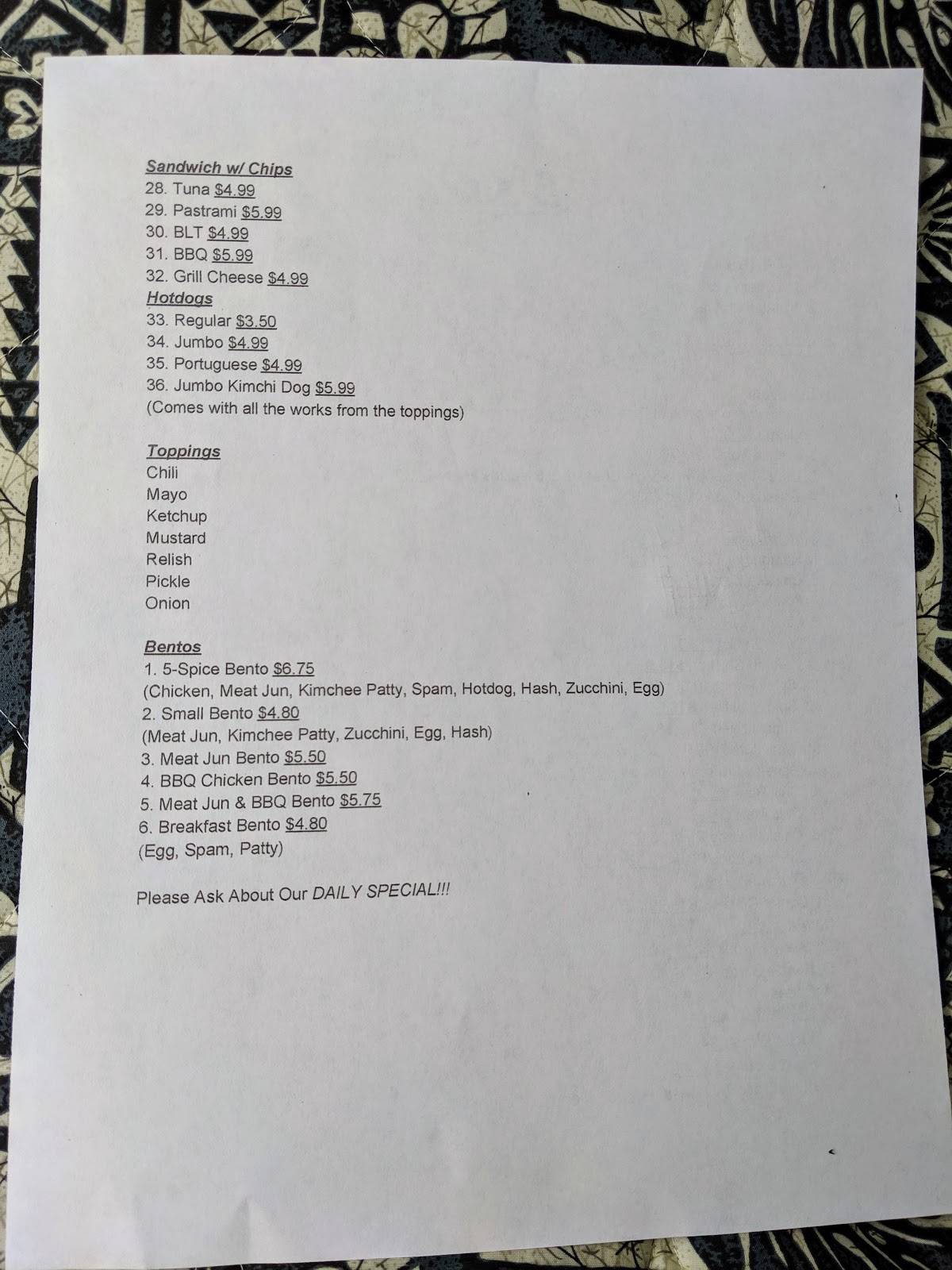 Menu at 5-Spice restaurant, Hilo