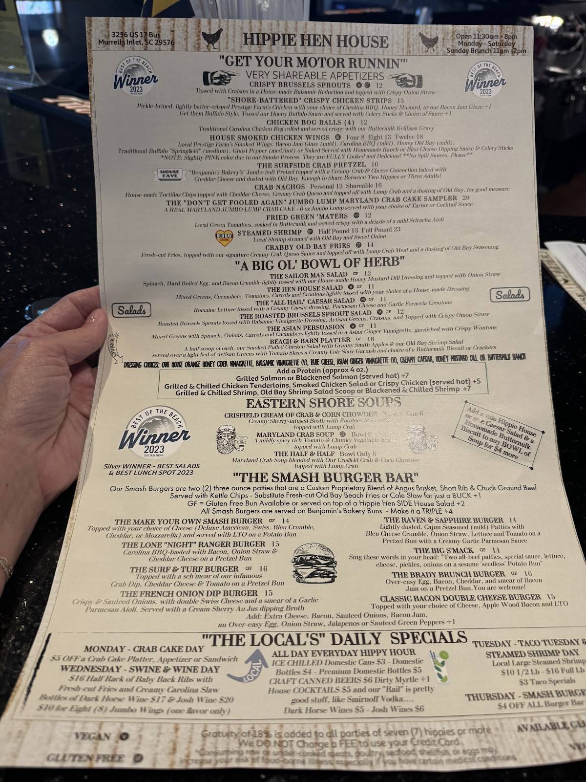 Menu at Hippie Hen House restaurant, Murrells Inlet, US-17 BUS