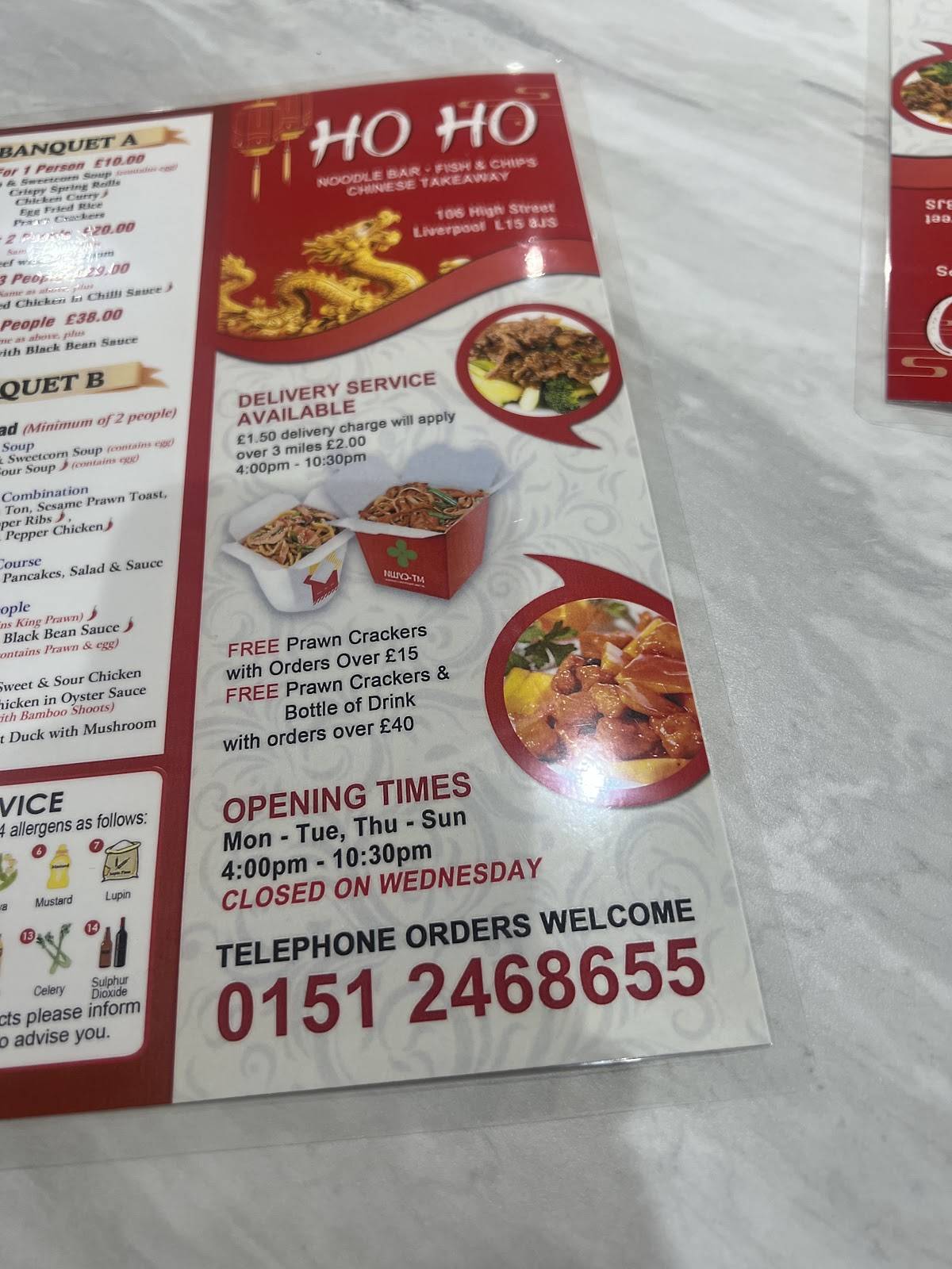 Menu at Ho Ho fast food, Liverpool, 106 High St