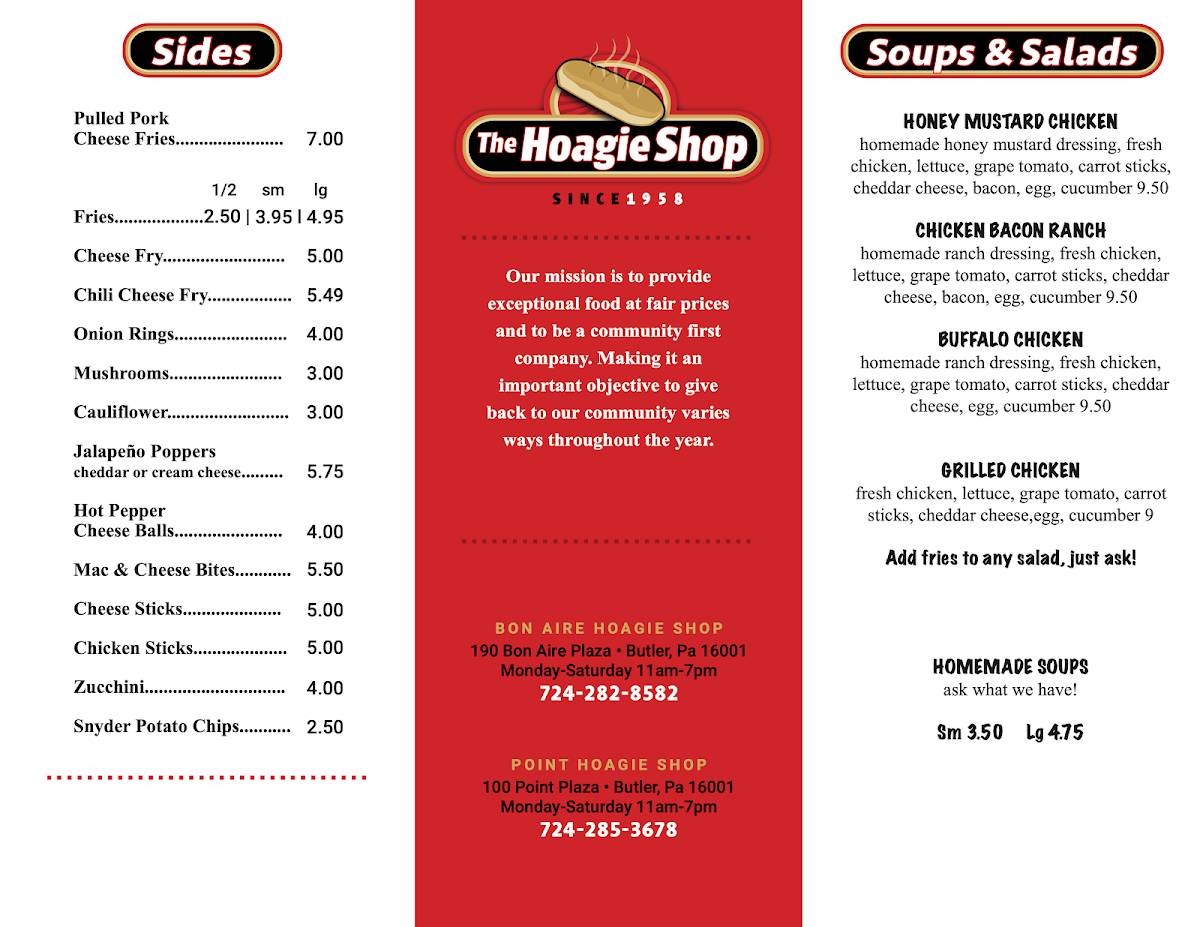 Menu at Hoagie Shop restaurant, Butler, 100 Point Plaza
