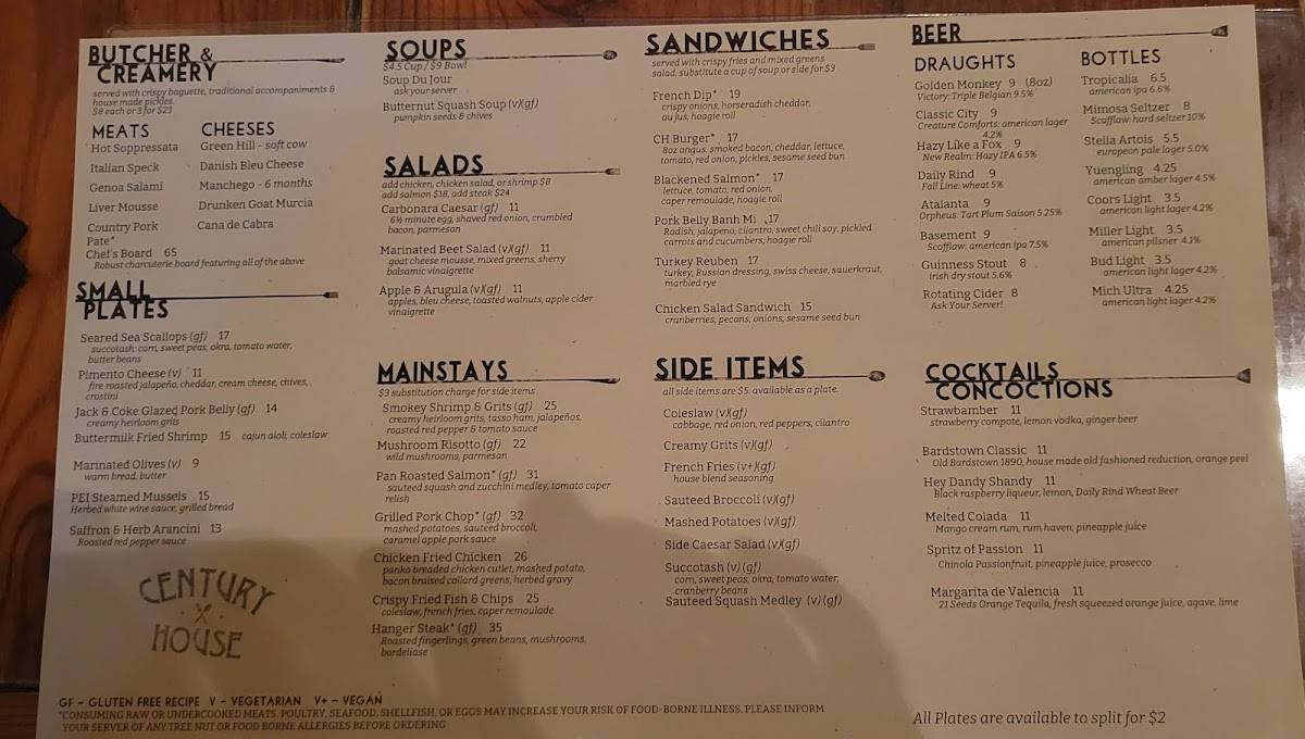 Menu at Century House pub & bar, Woodstock