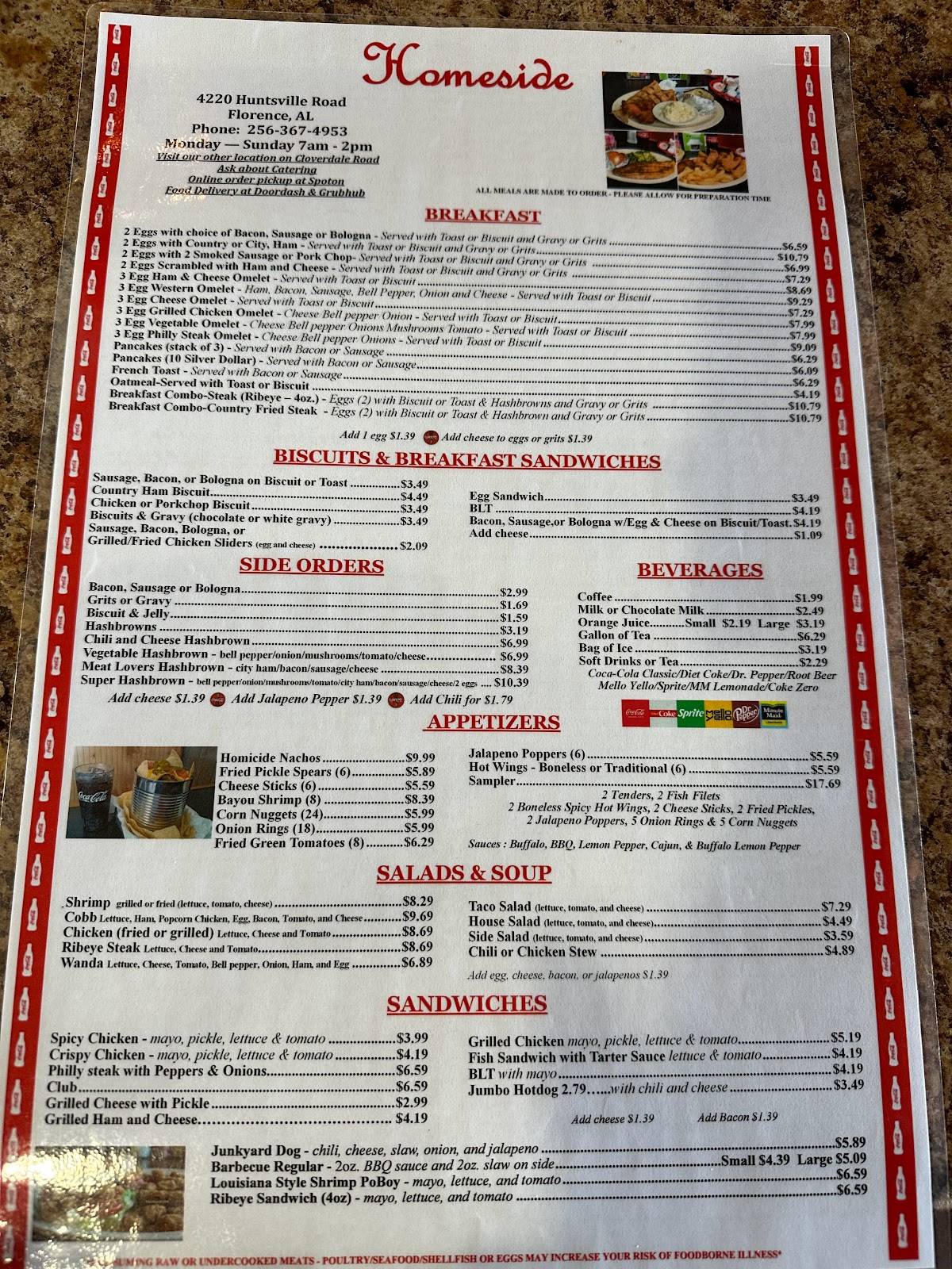 Menu at Homeside Restaurant - Huntsville Rd., Florence, Huntsville Rd