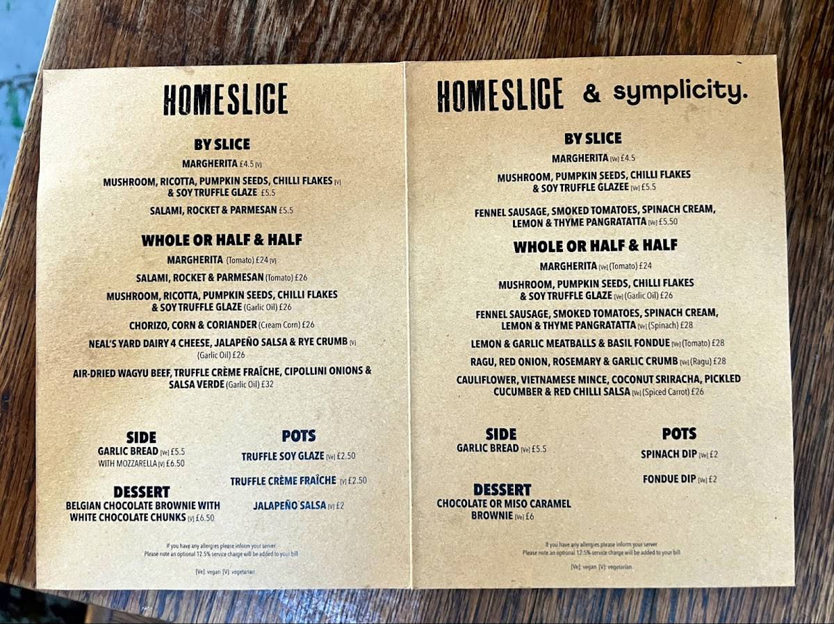 Menu at Homeslice Shoreditch pizzeria, London, 374-378 Old St