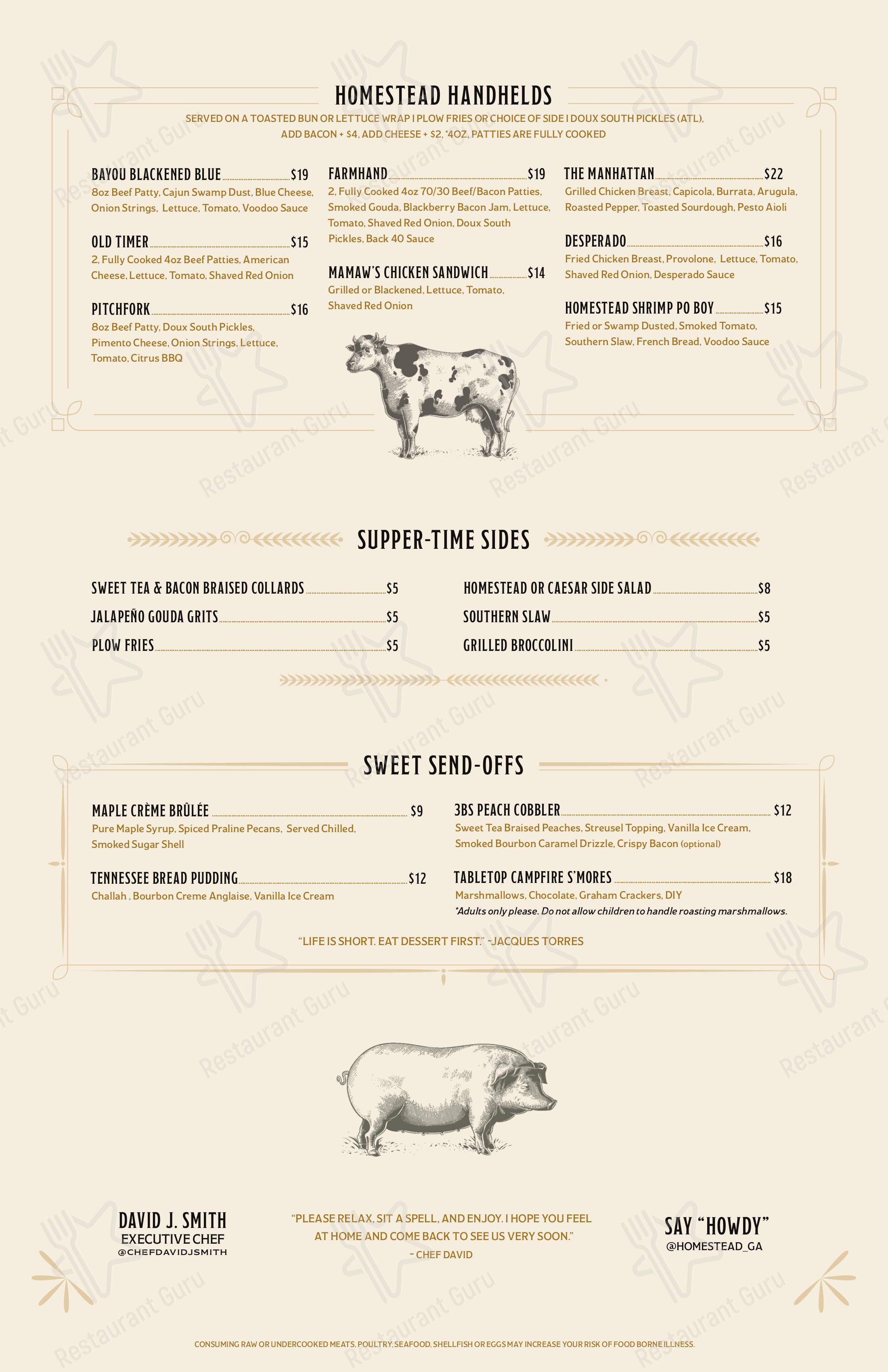 Menu at Homestead restaurant, Cumming