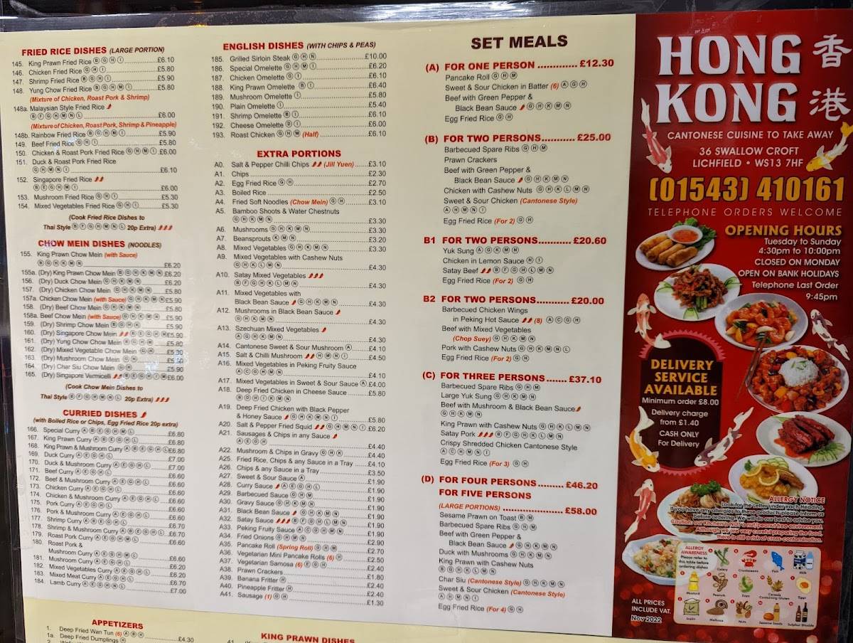 Menu at Hong Kong Cantonese Takeaway fast food, Lichfield