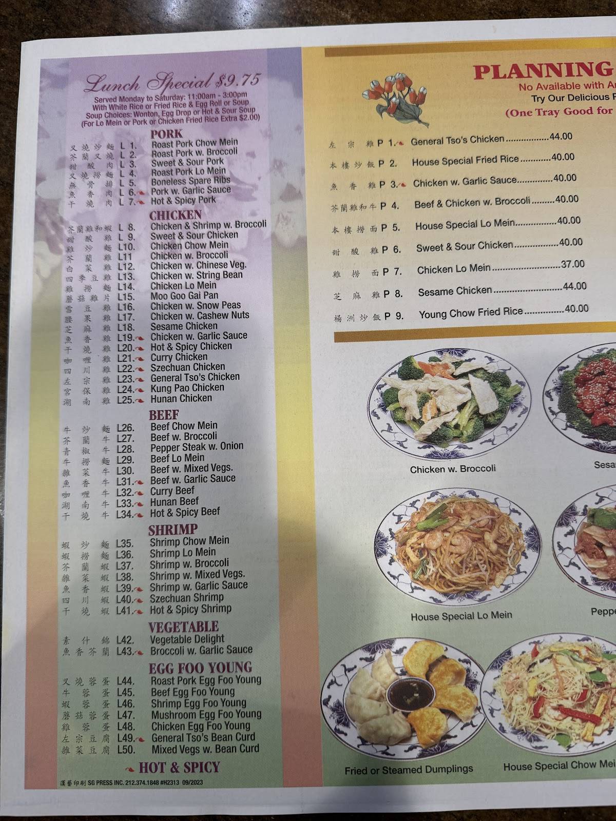 Menu at Hong Kong One restaurant, Rochester, 400 Bakers Park