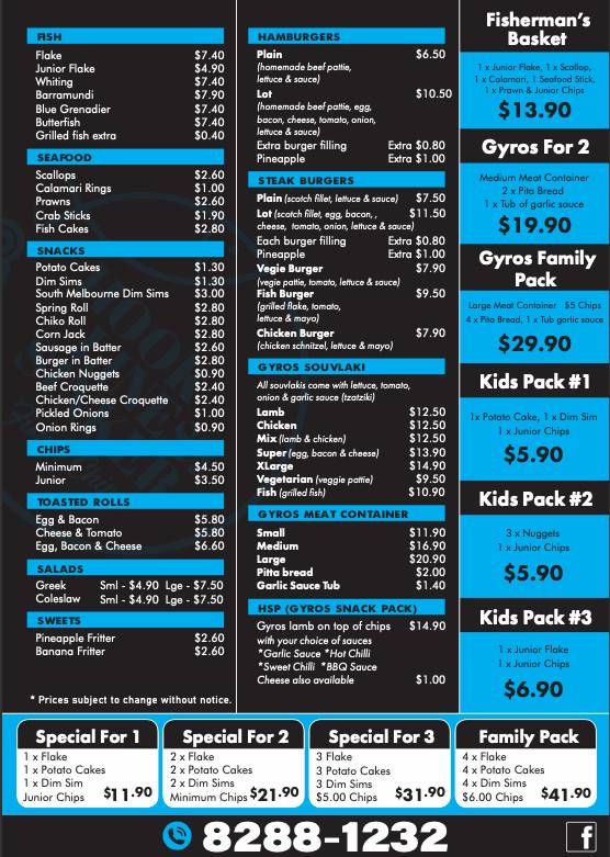 Menu at Hook Line & Sinker Fish & Chips restaurant, Heathmont
