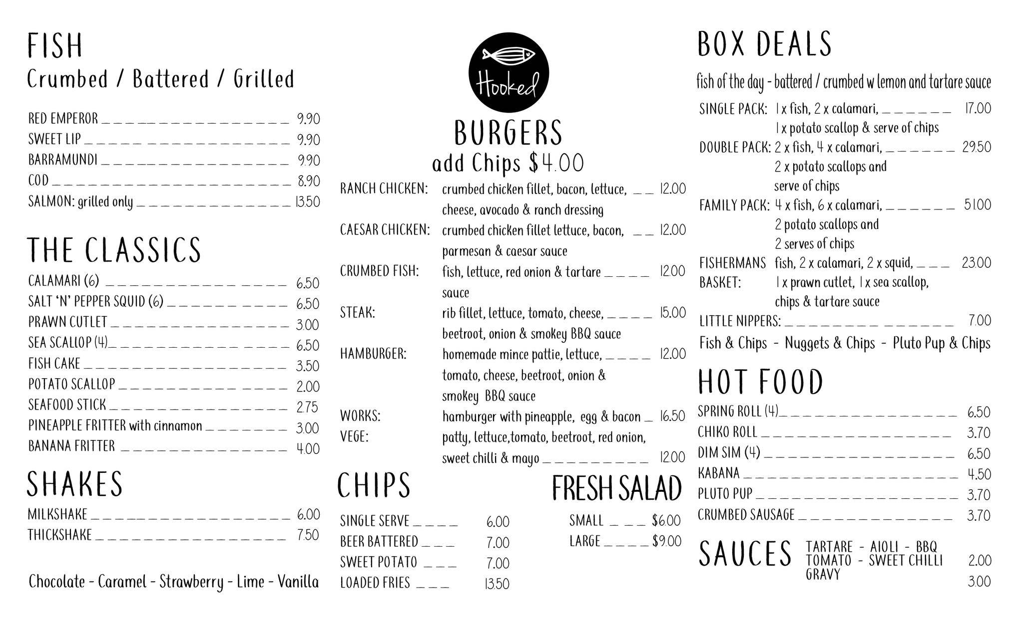 Menu at Hooked Fish & Chippery restaurant, Emerald