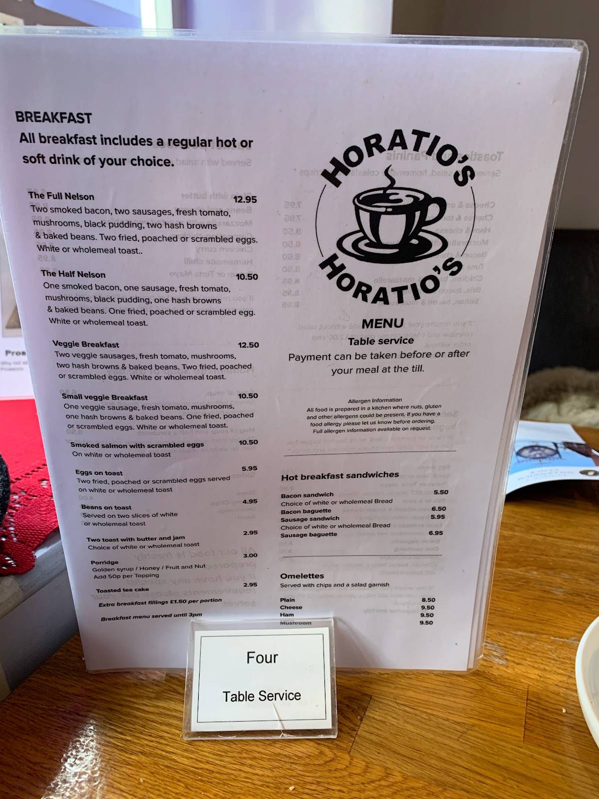Menu at Horatio's cafe, Holt
