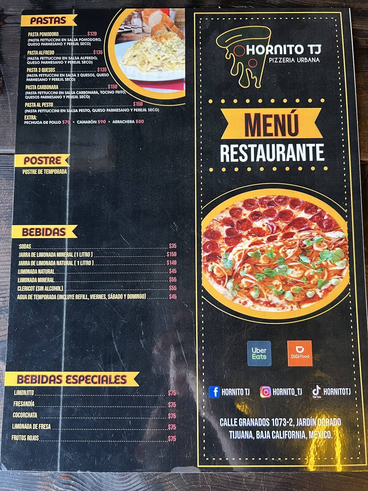 Carta del restaurante Hornito, Tijuana