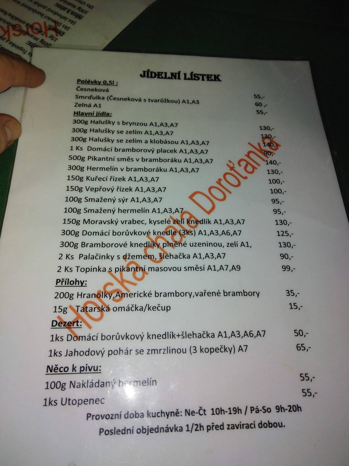 Menu at Horská chata Doroťanka restaurant, Bílá
