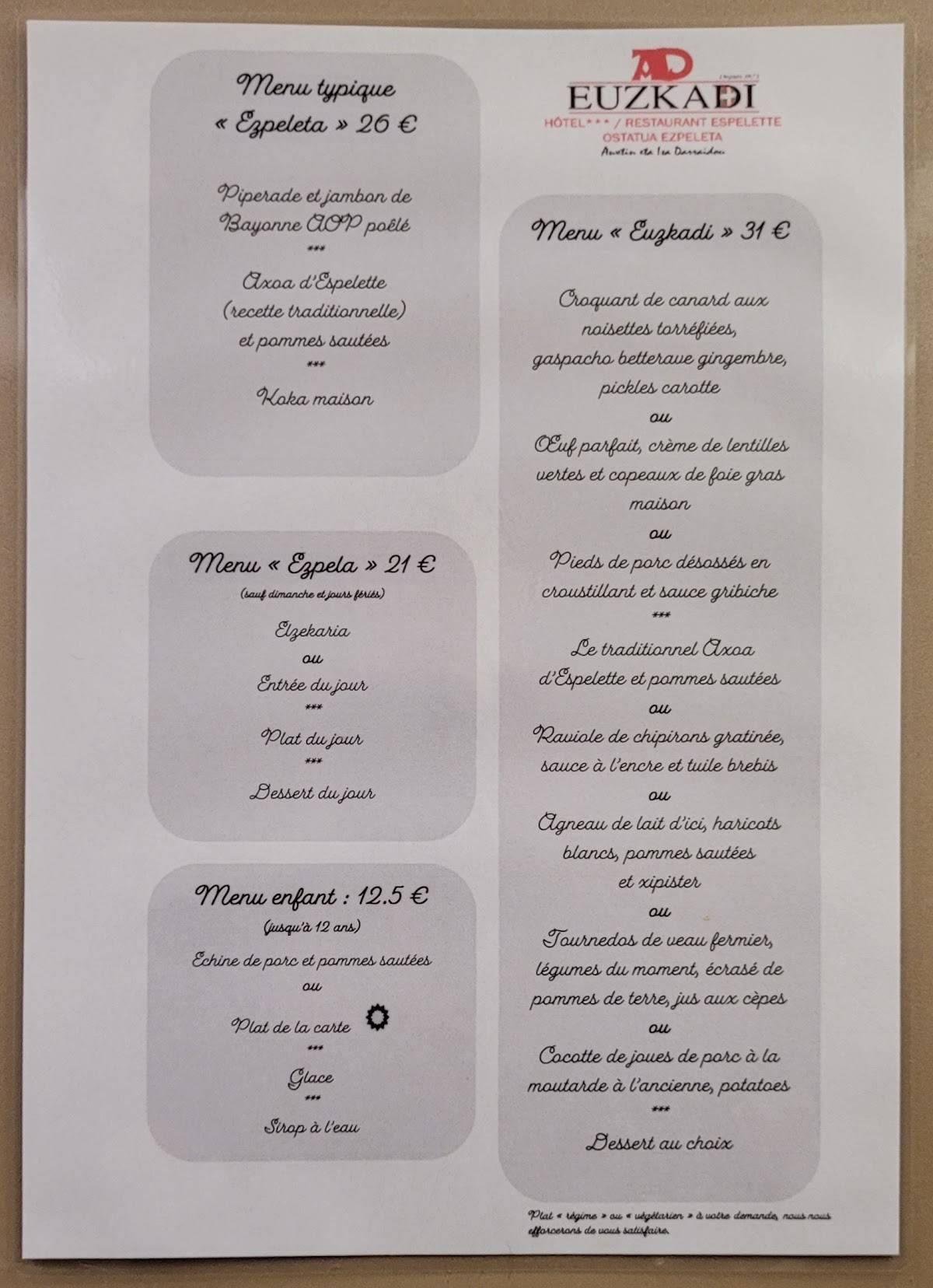 Menu at Hôtel Restaurant Euzkadi, Espelette, 285 Karrika Nagusia