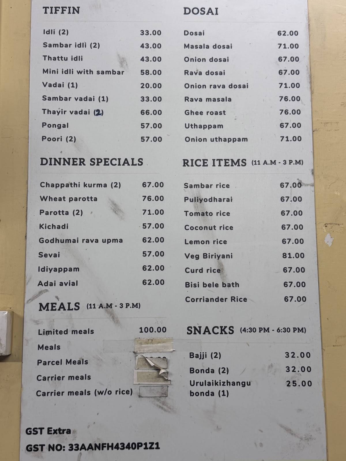 Menu at House of Annapoorna, Chennai