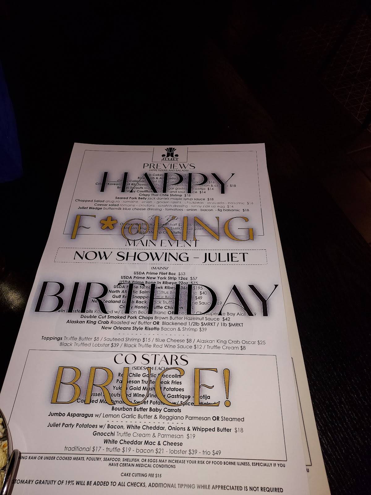 Menu at Juliet Steakhouse and Speakeasy, Houston, Westheimer Rd Suite P