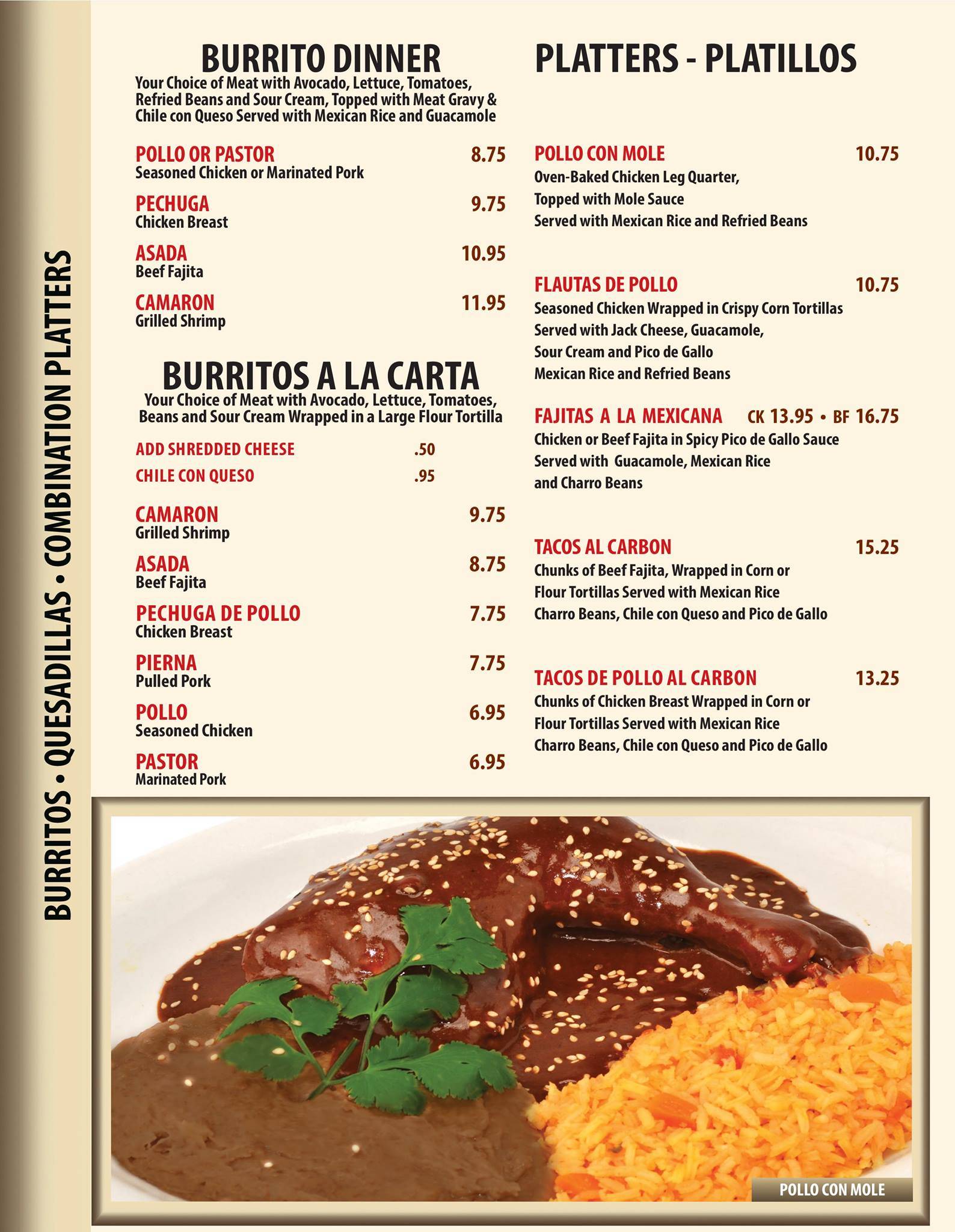 Menu at La Tapatía restaurant, Houston, Bellaire Blvd