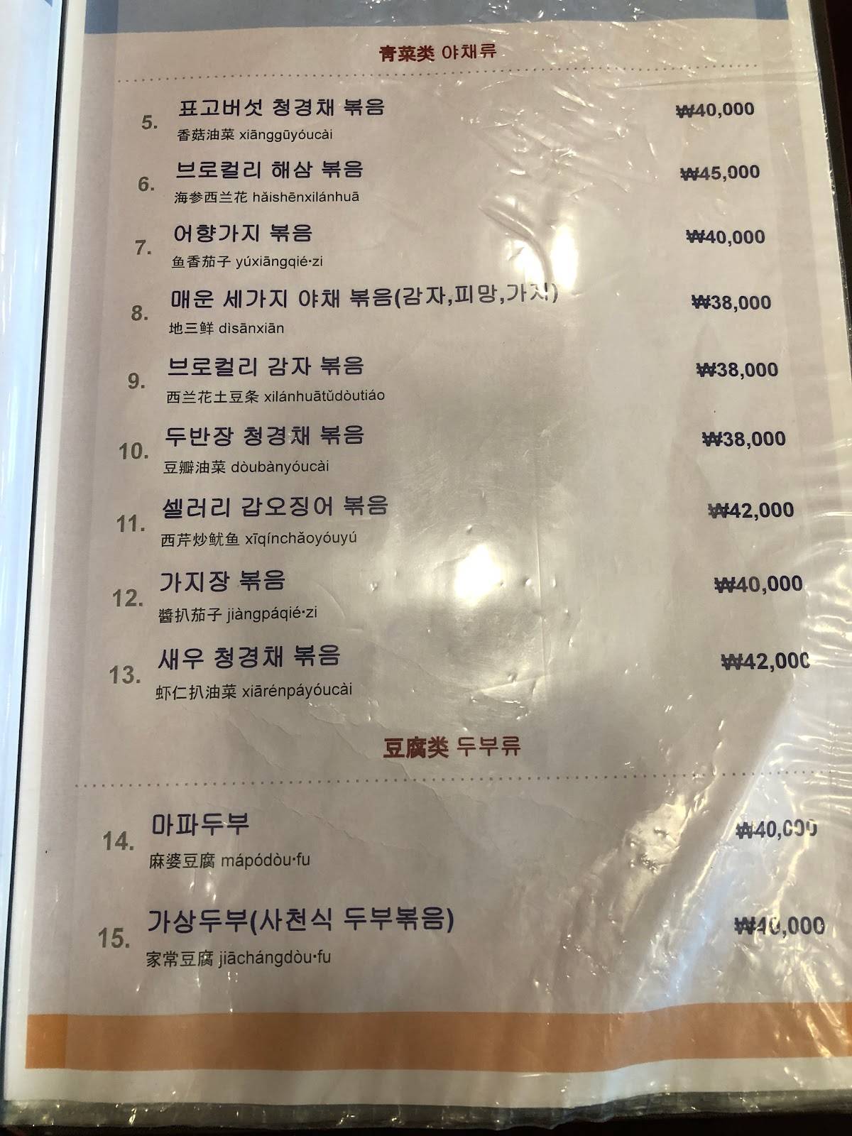 Menu at Hoyeon restaurant, Seoul