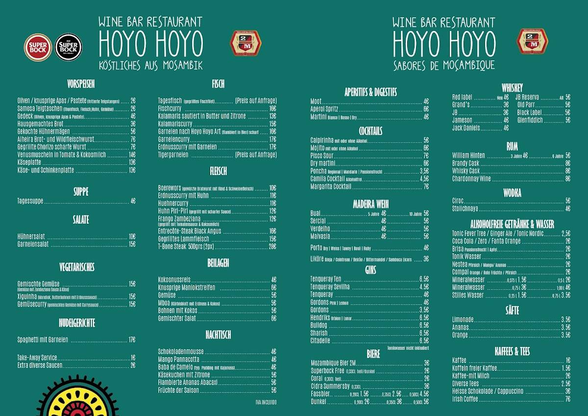 Menu at Hoyo Hoyo flavours of Mozambique restaurant, Funchal