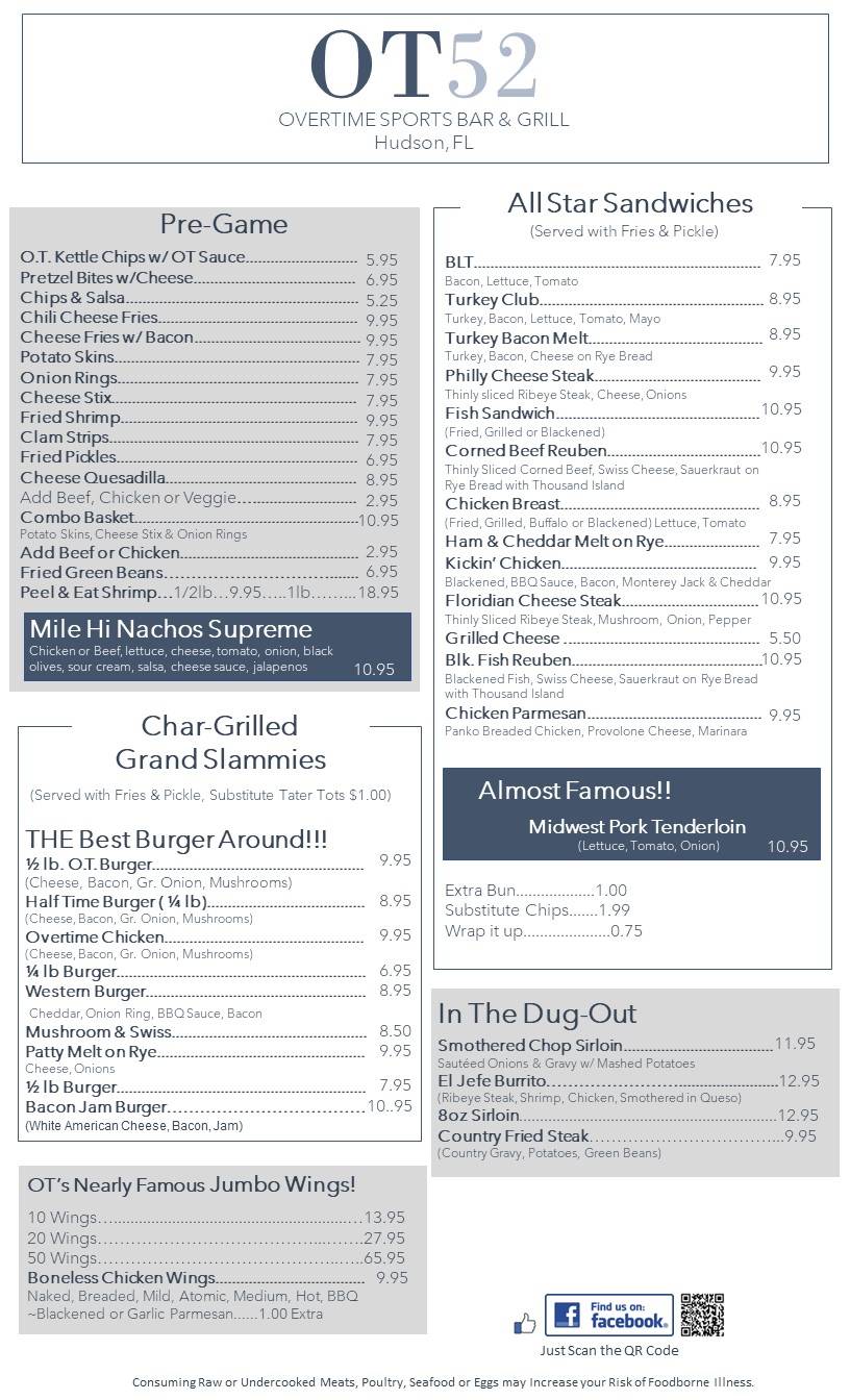 Menu at Overtime Sports Bar and Grill, Hudson, State Rd 52