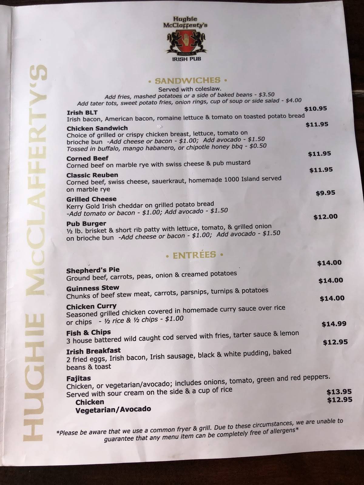 Menu at Hughie Mcclafferty's pub & bar, Lemont