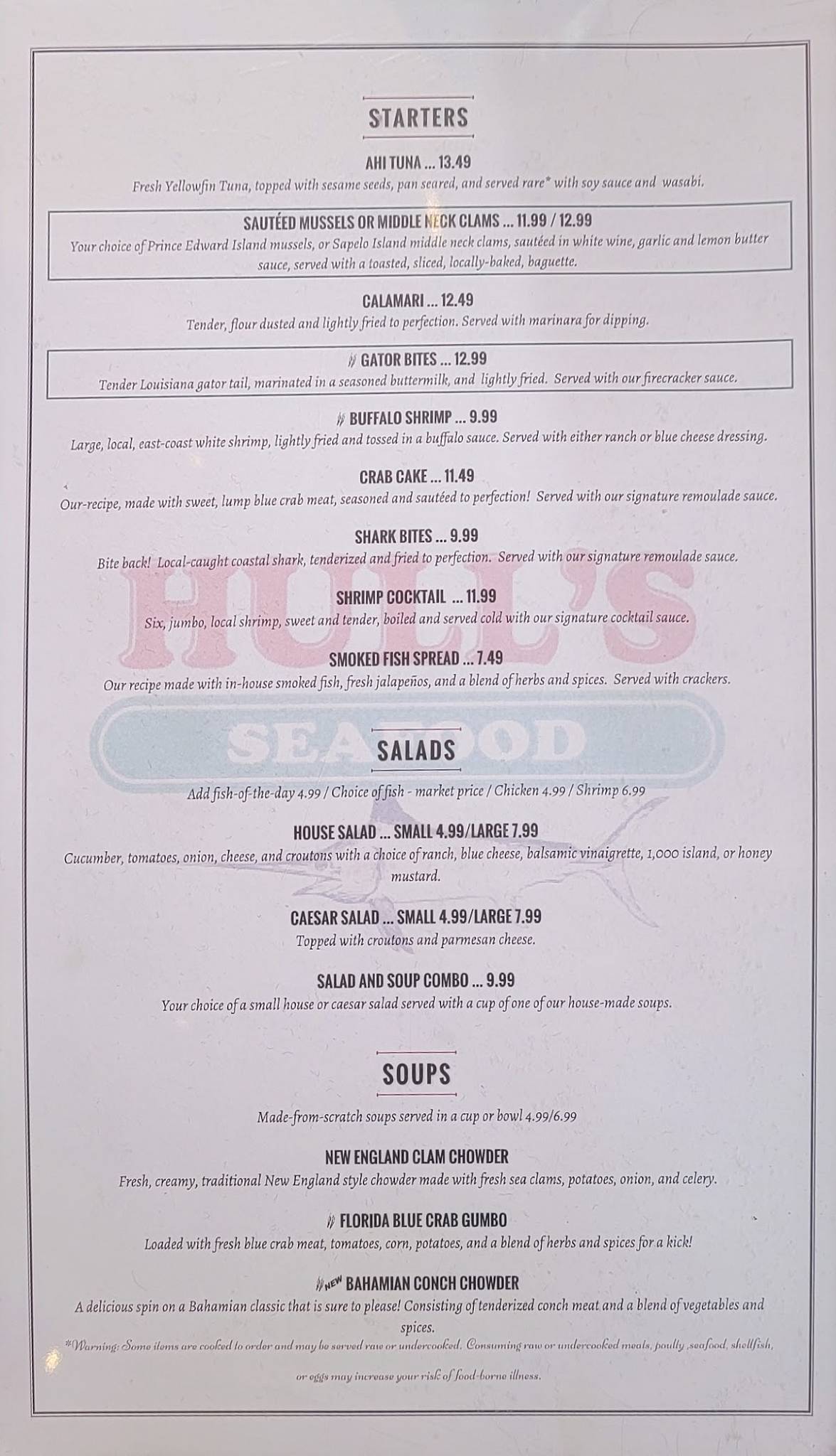 Menu at Hull's Seafood Restaurant, Ormond Beach, 111 W Granada Blvd