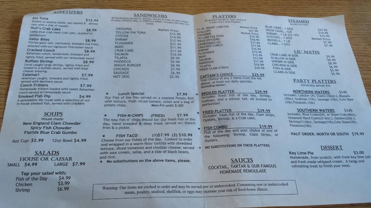Menu at Hull's Seafood Restaurant, Ormond Beach, 111 W Granada Blvd