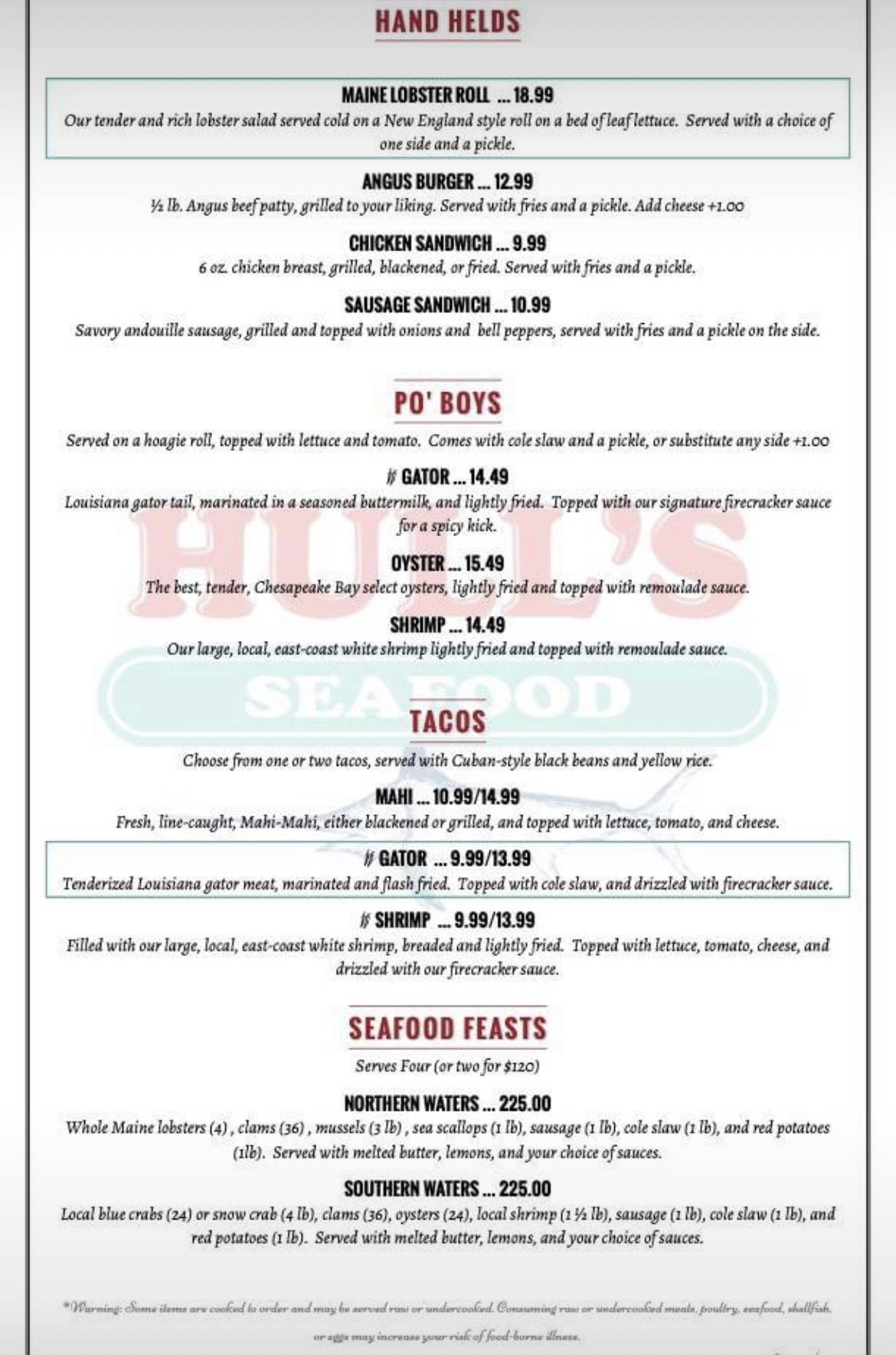 Menu at Hull's Seafood Restaurant, Ormond Beach, 111 W Granada Blvd