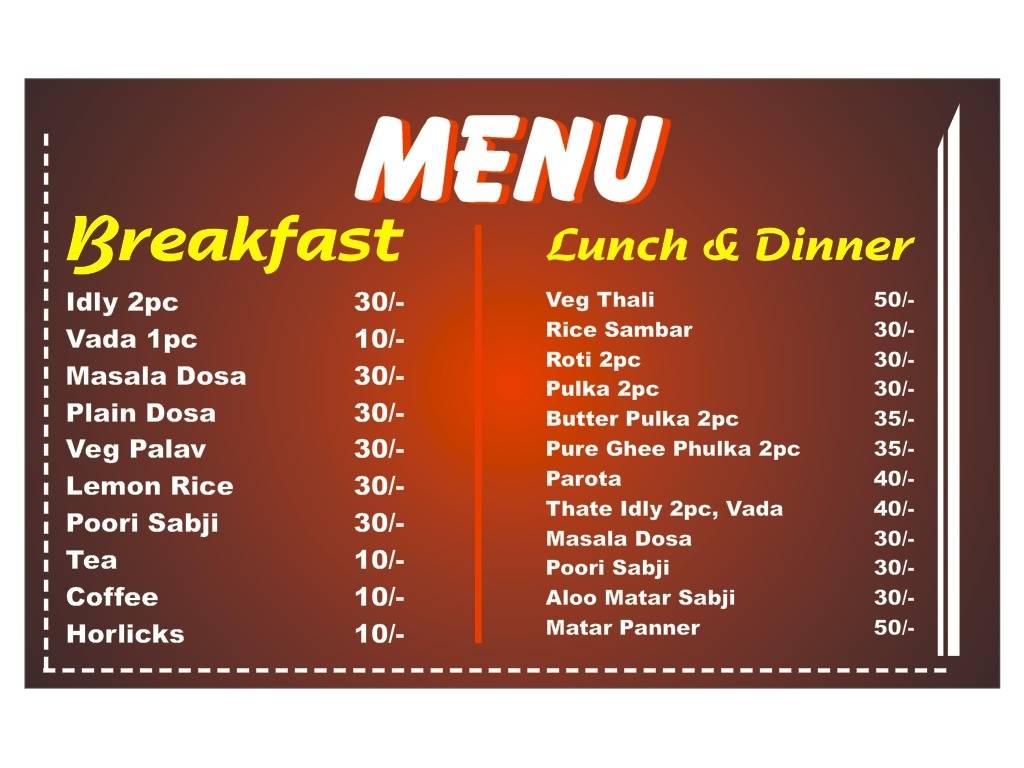 Menu at Hunger break, Bengaluru