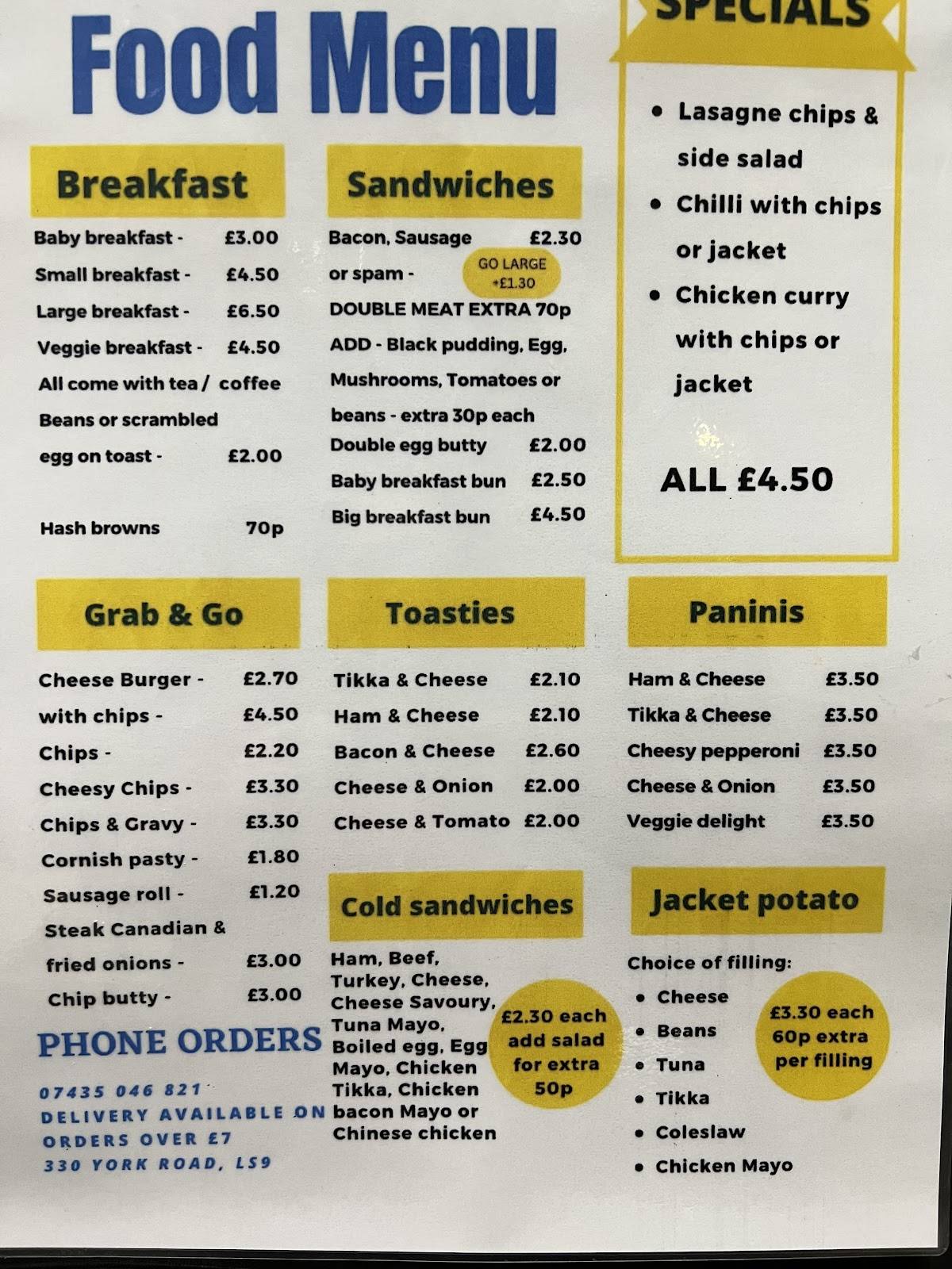 Menu at Hungry Harry's cafe, Leeds