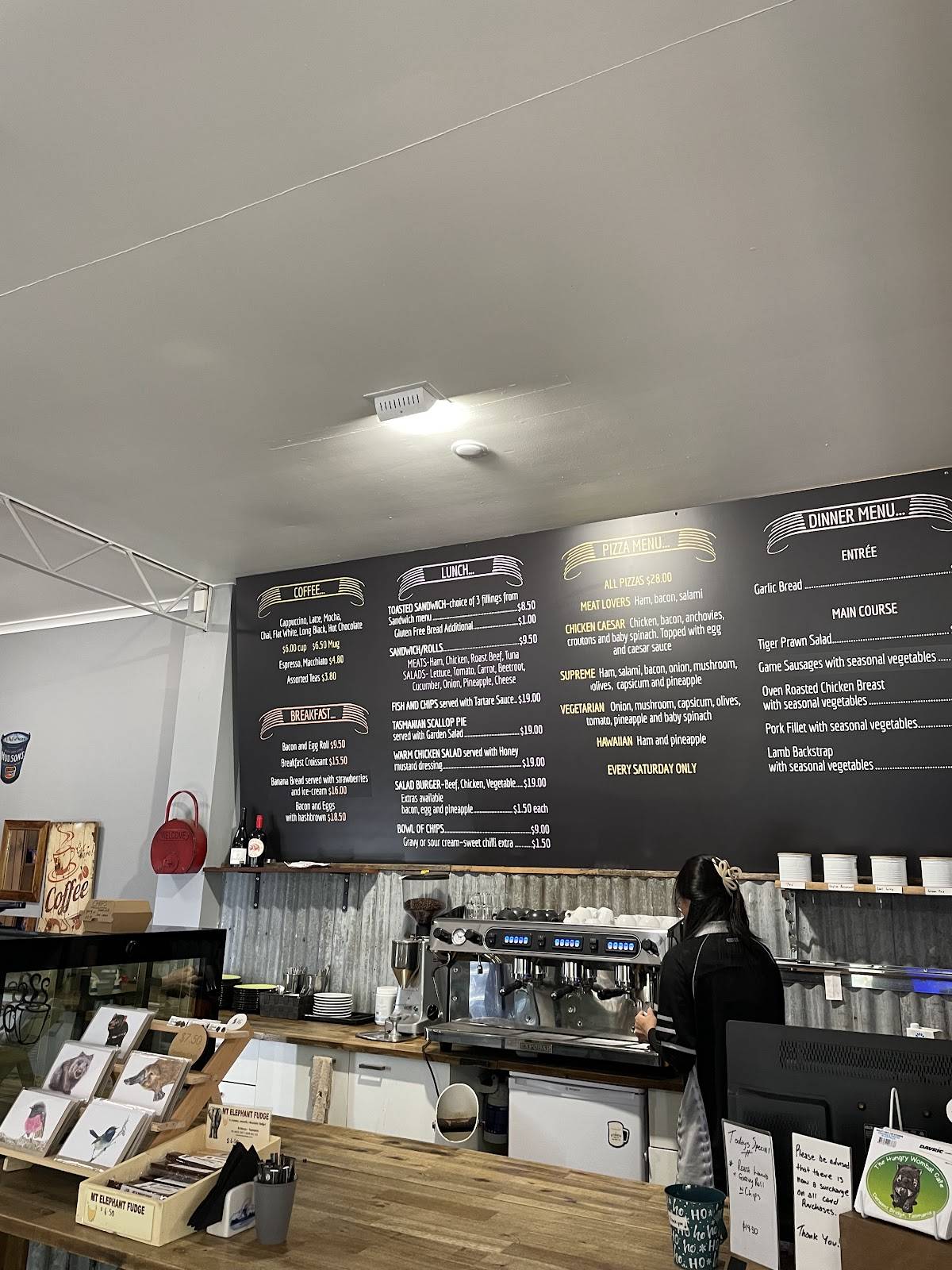 Menu at Hungry Wombat Cafe, Derwent Bridge