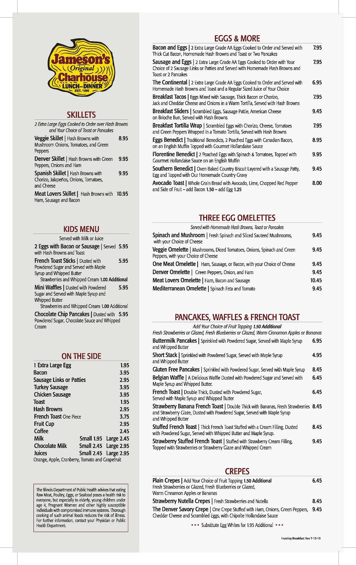 Menu at Jameson’s Charhouse steakhouse, Huntley