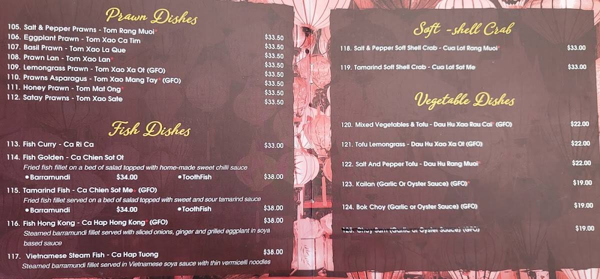 Menu at Huong Viet Noodle House restaurant, Claremont