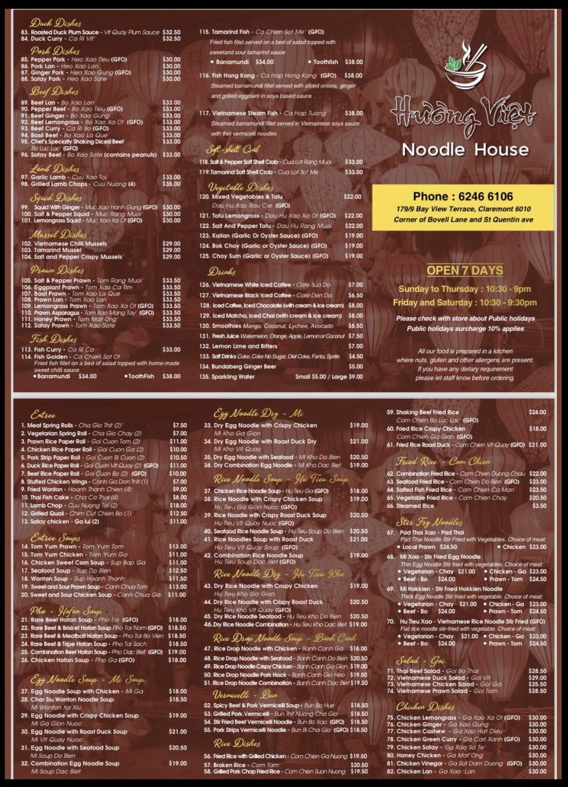 Menu at Huong Viet Noodle House restaurant, Claremont