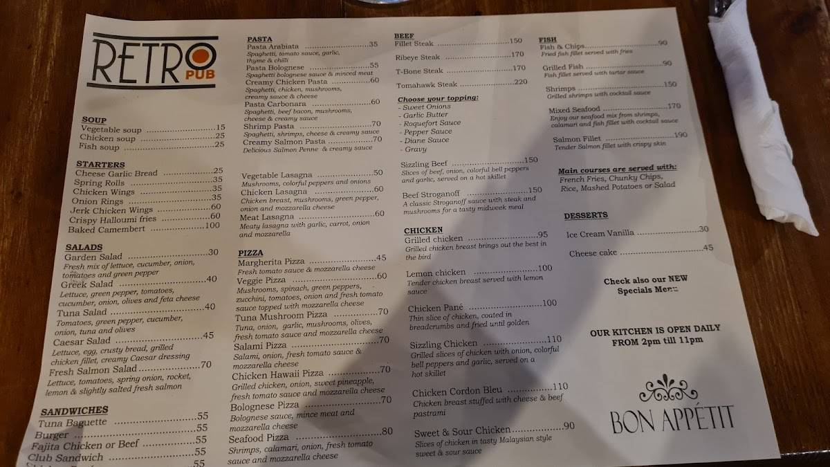 Menu at Retro Pub HRG, Hurghada