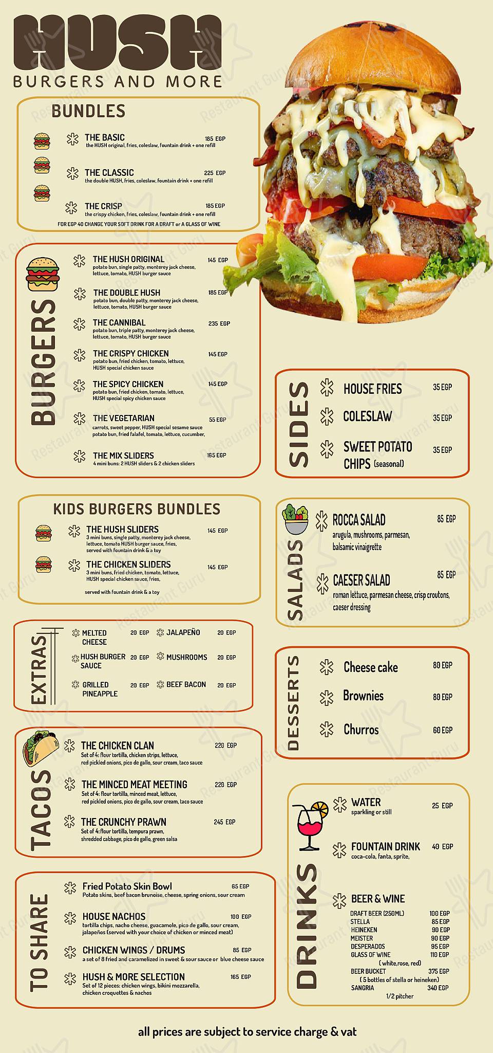 Menu at Hush Burgers & more Egypt restaurant, Cairo