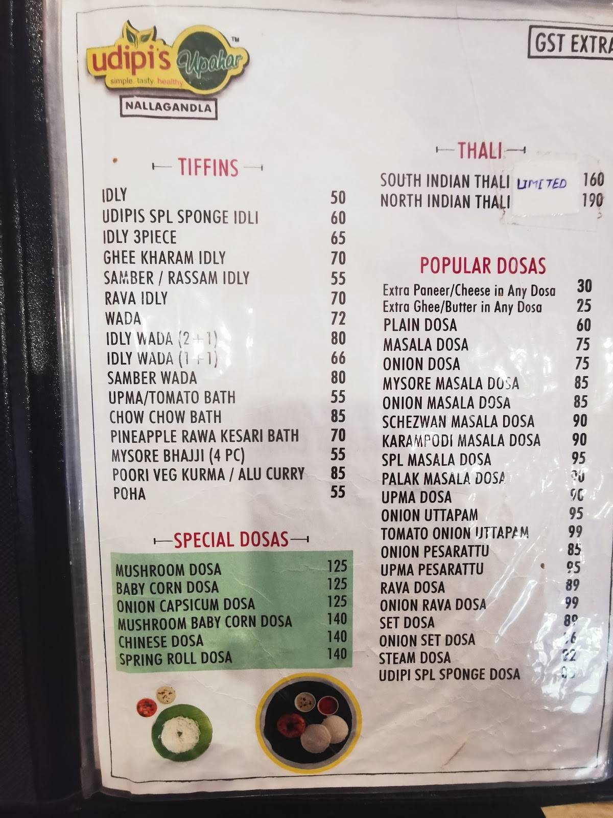 Menu at Udipi's Upahar Nallagandla, Hyderabad